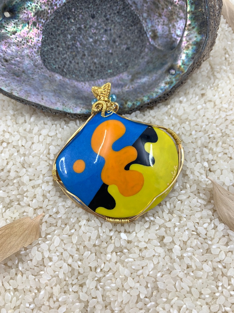 Joan Miro Pendant: Hand Painted Mother of Pearl, Wire Wrapped Jewelry ...