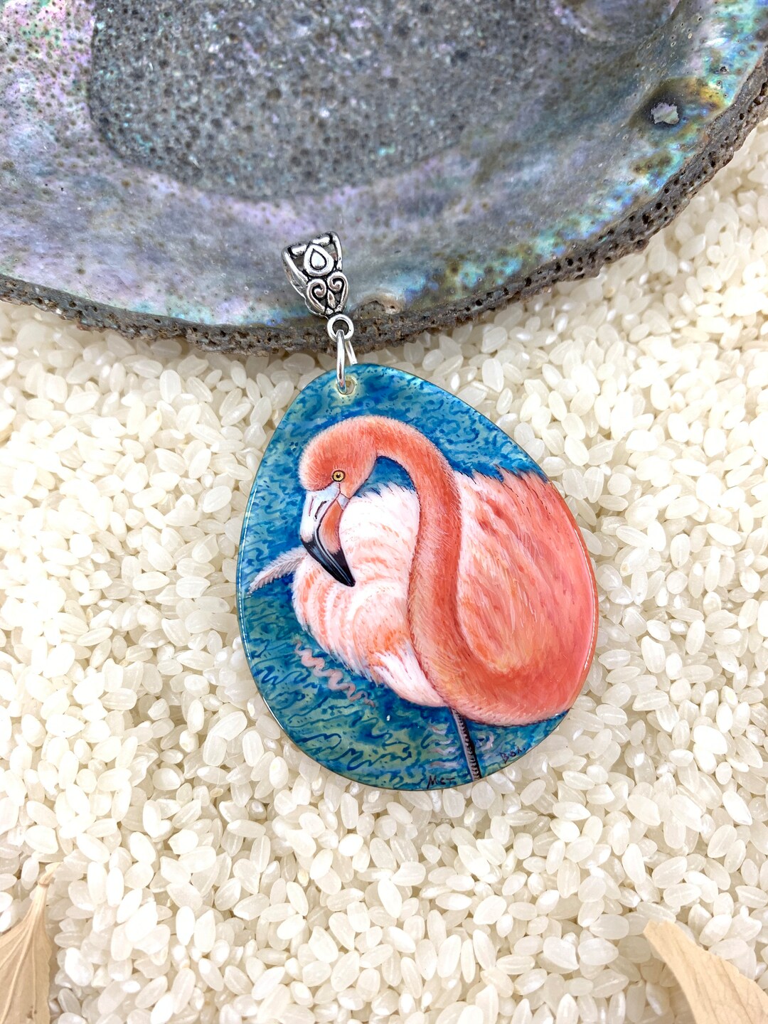 Hand Painted Flamingo Pendant, Painted Shell, Lacquer Art, Global ...