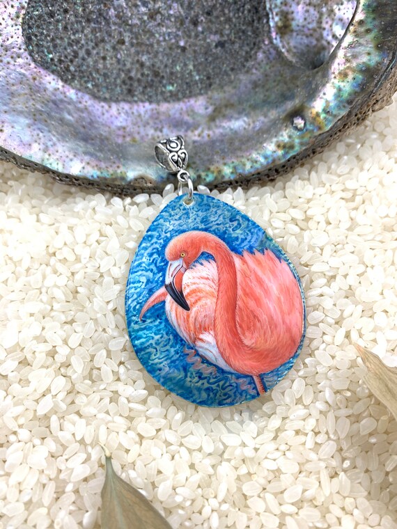 Hand Painted Flamingo Pendant Painted Shell Russian Lacquer | Etsy