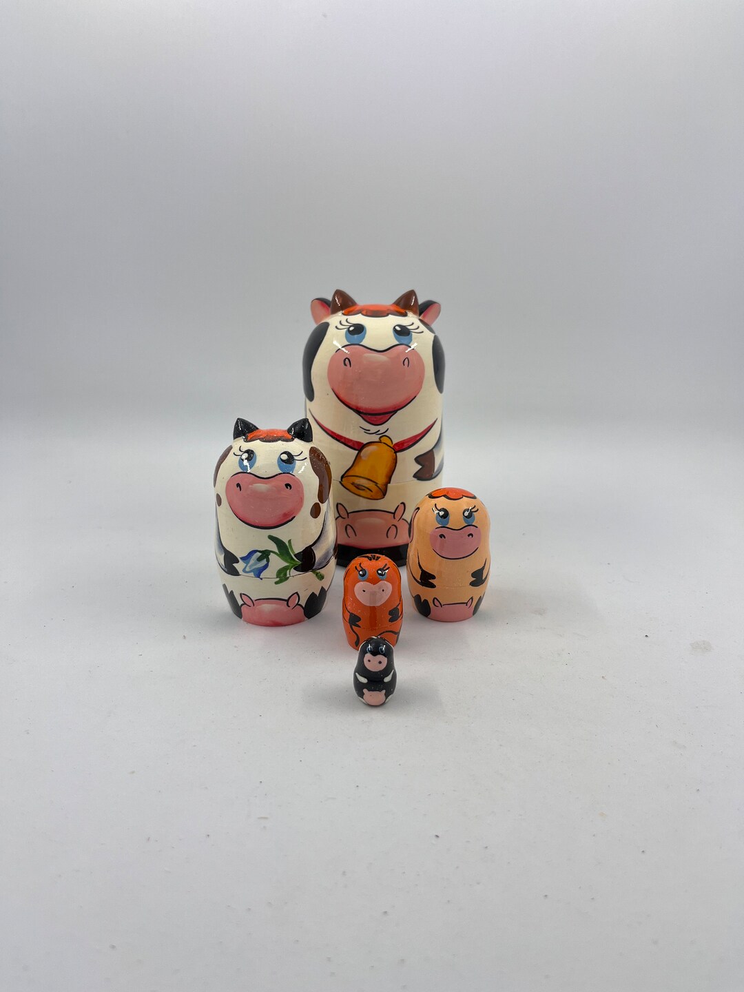 Cow Dolls, Hand Painted, Traditional Stacking Nesting Doll, 5 Piece ...