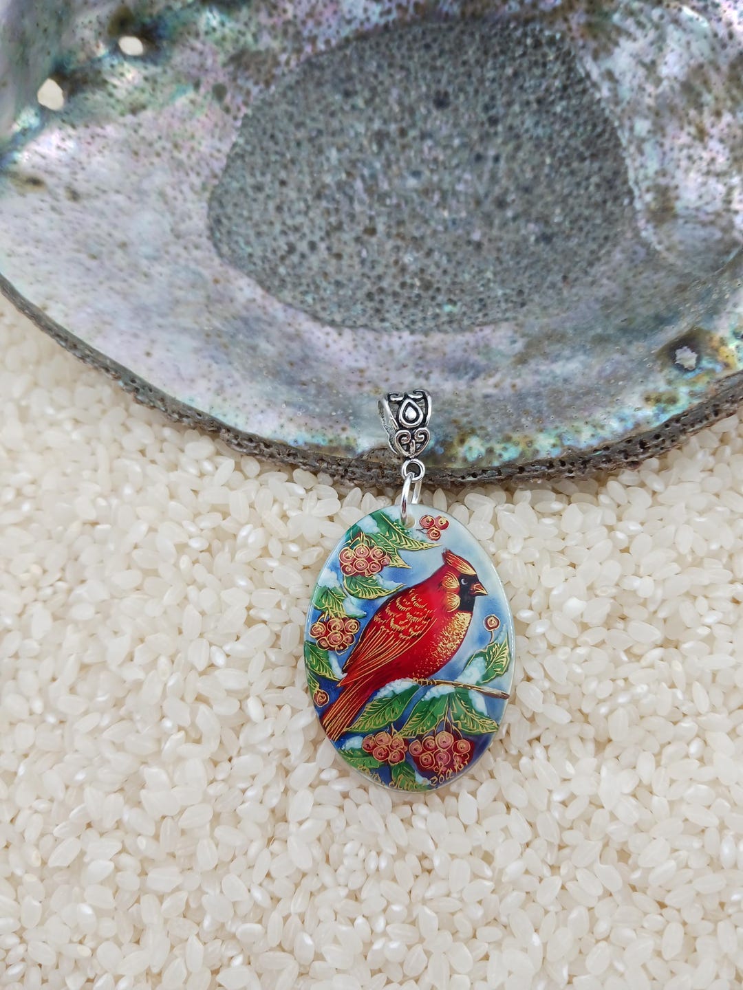 Red Cardinal Pendant, Hand Painted, Painted Shell, Lacquer Art ...