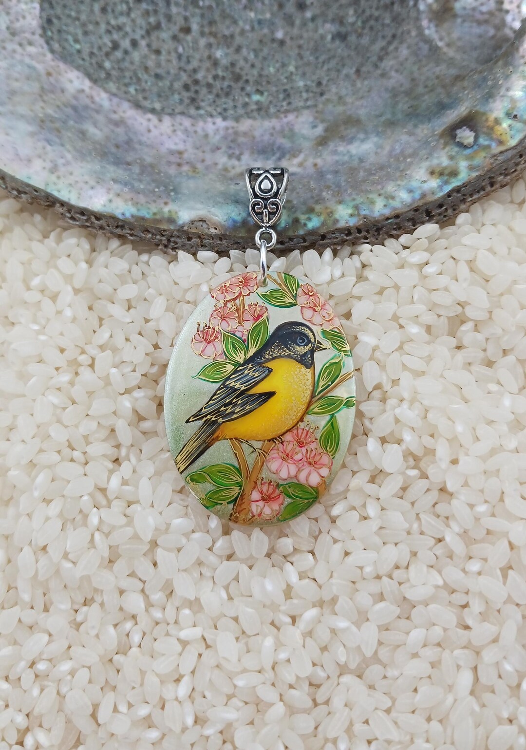 Hand Painted, Baltimore Oriole Pendant, Painted Shell, Lacquer Art ...
