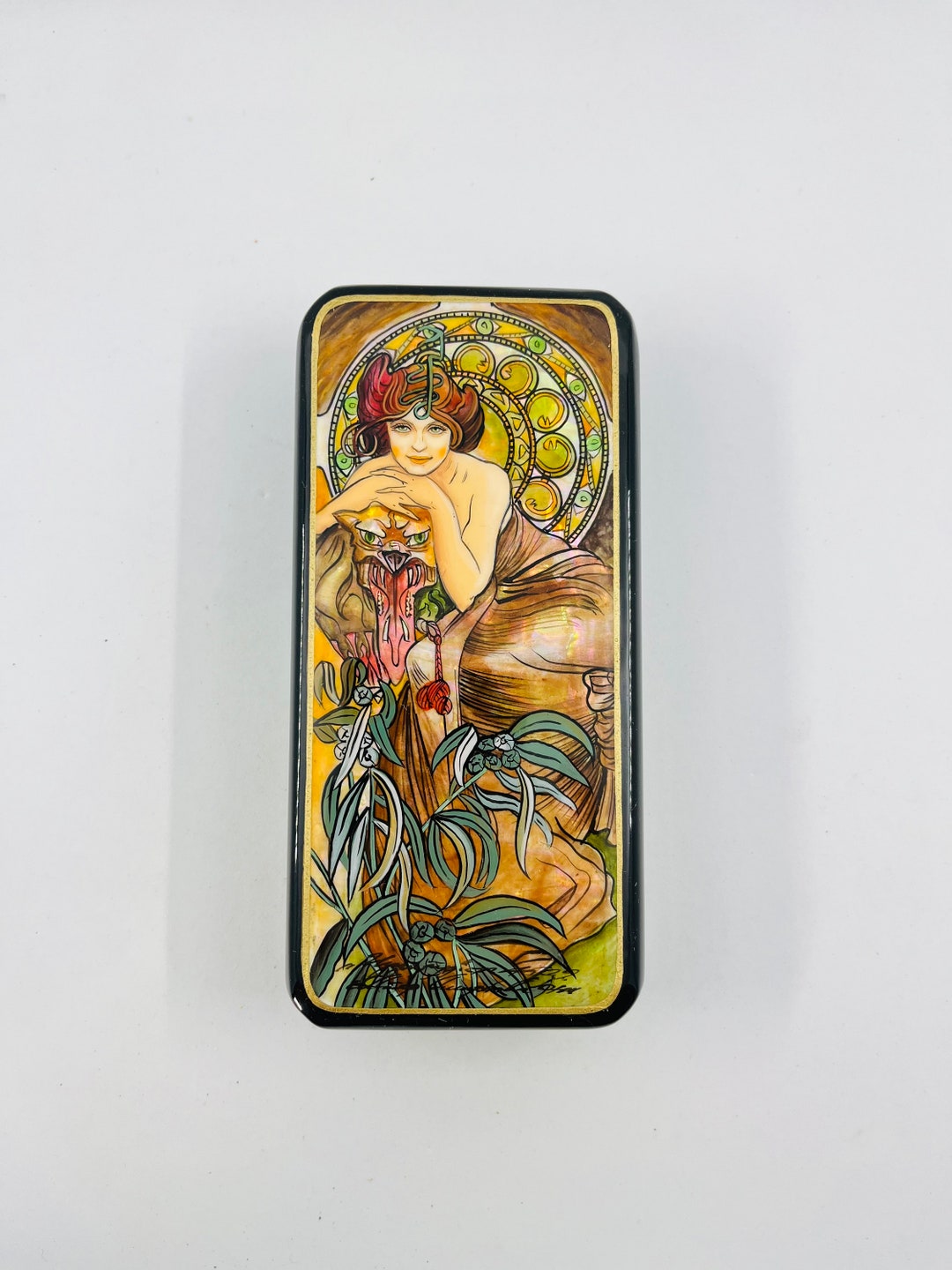 Mucha Emerald, Hand Painted, Lacquer Art Box, Mother of Pearl ...