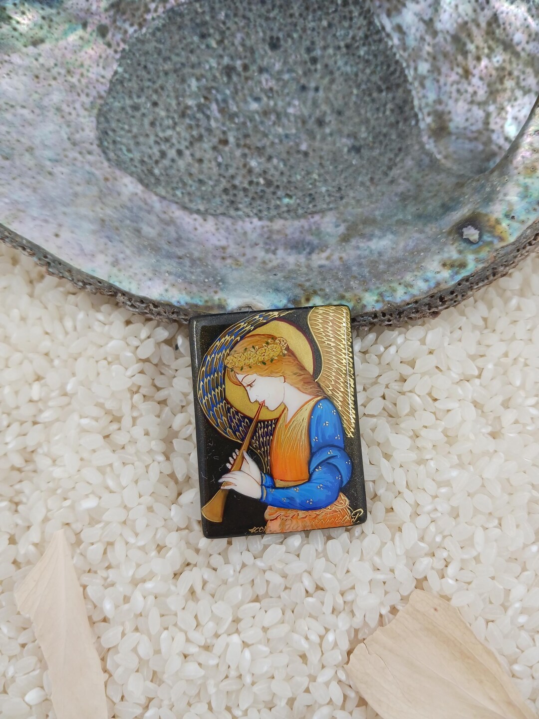 Hand Painted Angel Bead: Flageolet Player on Black Agate - Etsy