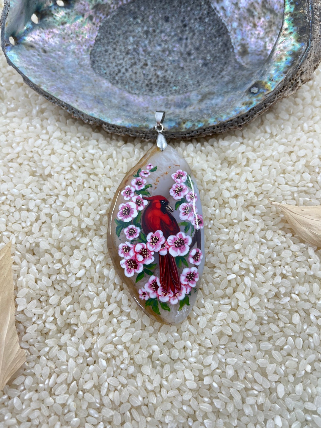 Red Cardinal Jewelry, Cherry Blossom, Hand Painted, Painted Agate ...