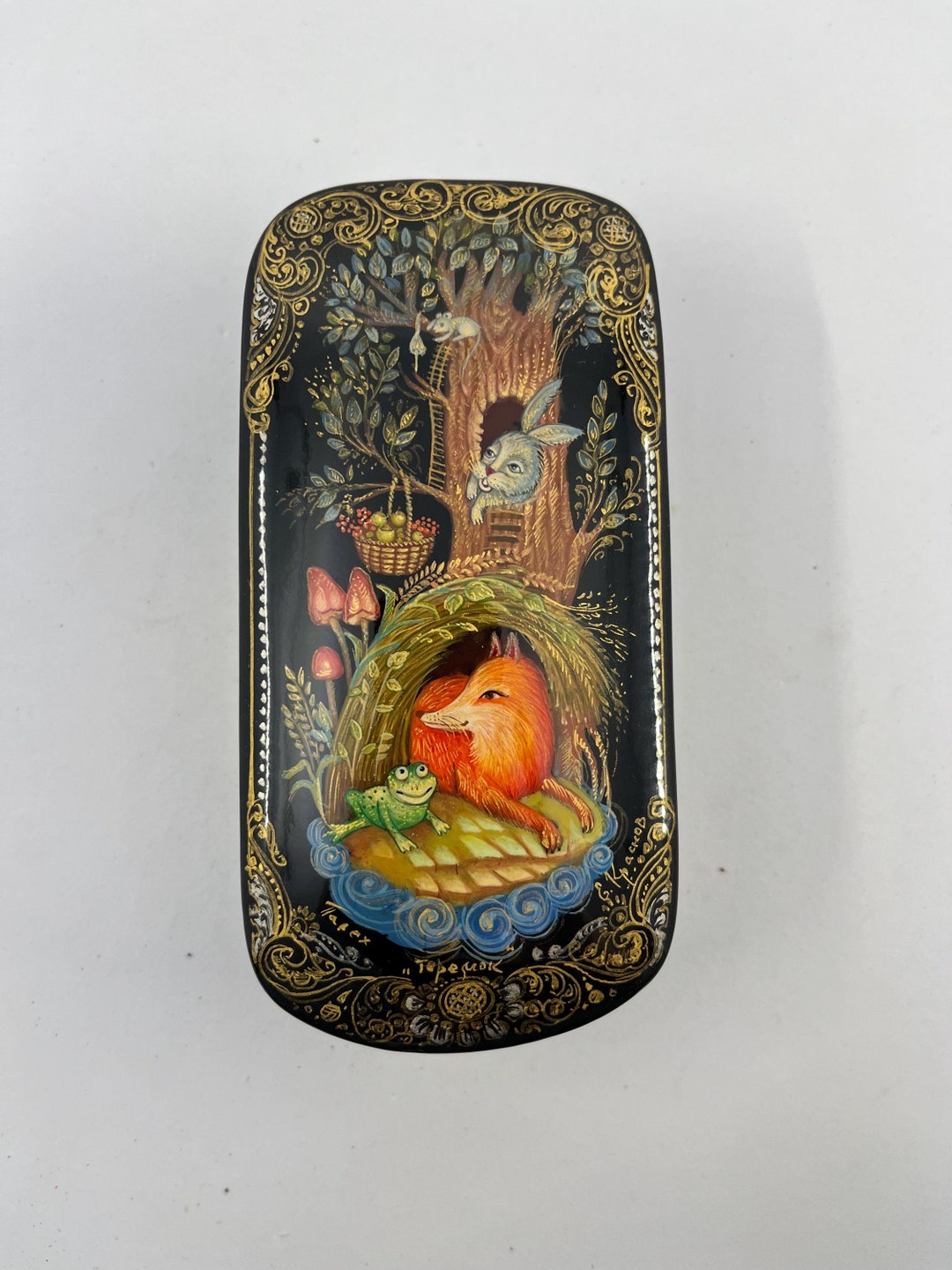 Hand Painted Box, Teremok, Animal House, Fox and Rabbit, Lacquer Art ...