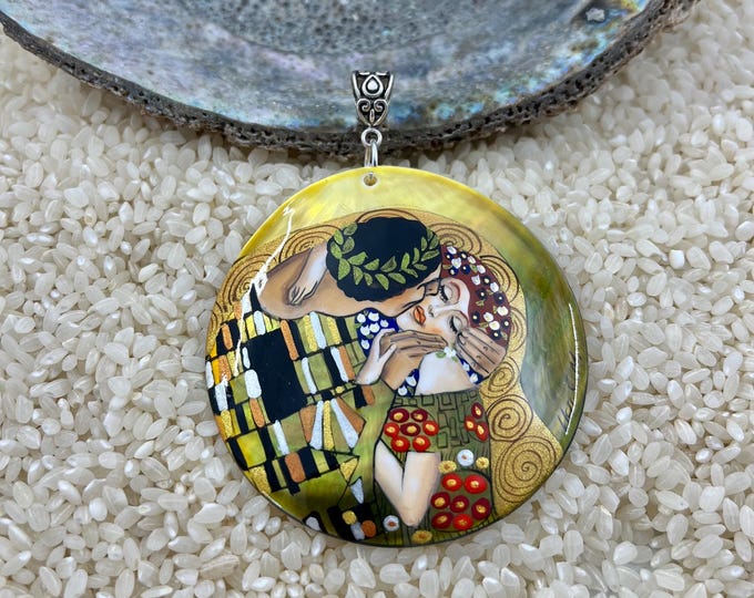 Klimt Kiss Pendant: Hand-painted Mother of Pearl, Fine Art Jewelry - Etsy