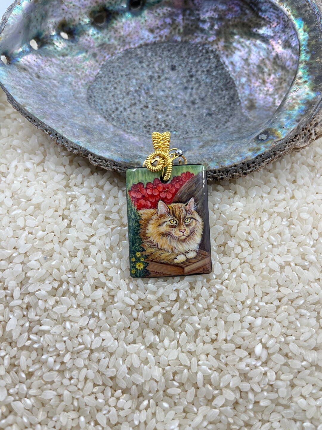 Maine Coon Cat Pendant, Hand Painted, Painted Onyx, Wire Wrapped ...