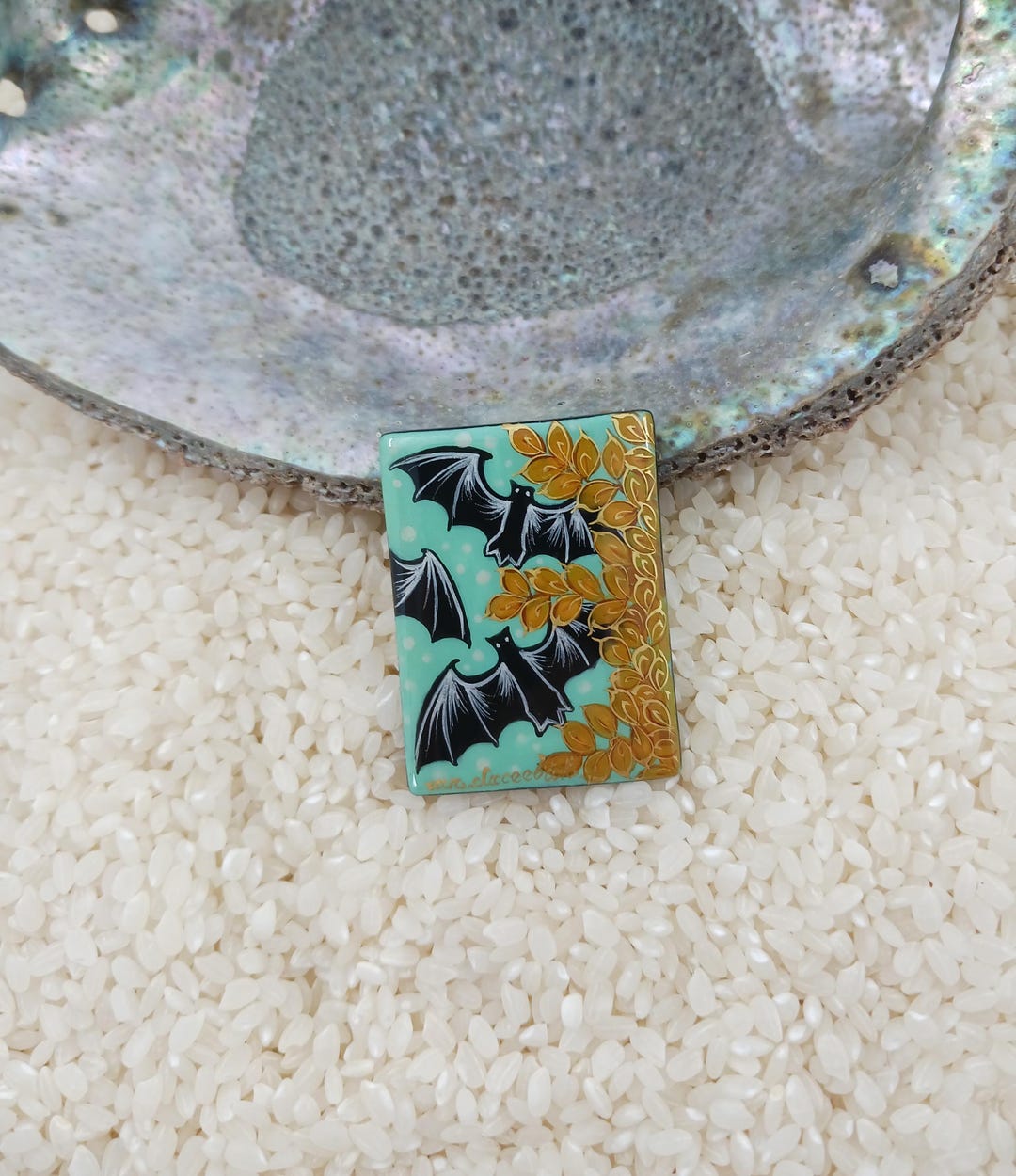 Hand Painted Bat Bead, Black Agate Gemstone, Lacquer Art - Etsy