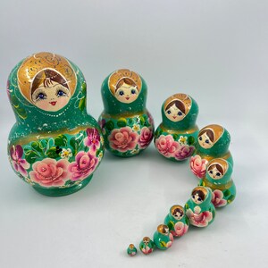 Green Color, Hand Painted, Traditional Nesting Doll, 10 Pieces Stacking ...