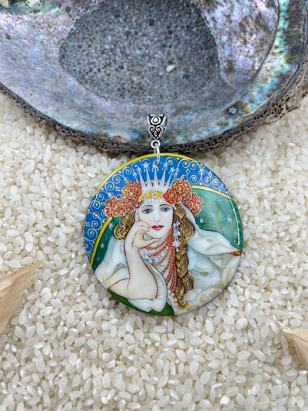 Mucha Pendant, Princess Hyacinth , Hand Painted, Painted Shell, Russian ...