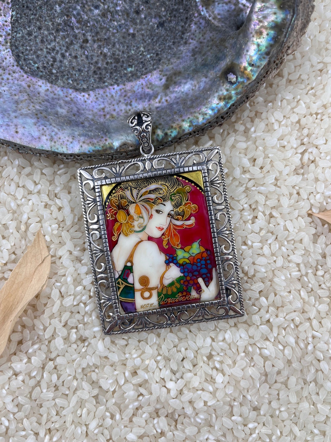 Mucha Jewelry, Mucha Fruit, Hand Painted, Painted Shell, 925 Sterling ...