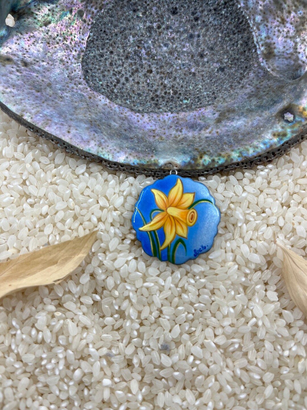 Hand Painted Daffodil Pendant: Lacquer Art Jewelry - Etsy