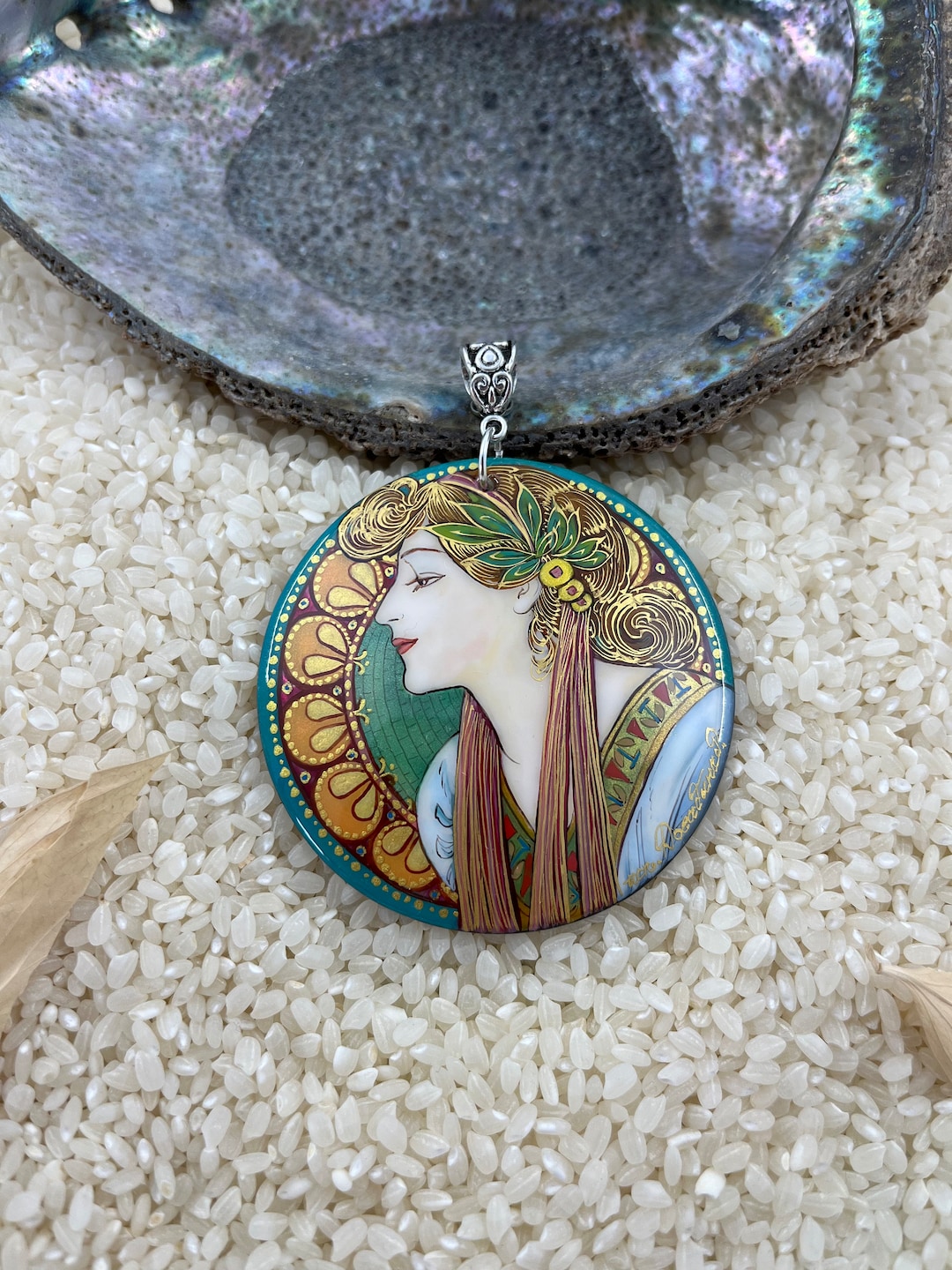 Mucha Jewelry, Mucha Laurel, Hand Painted, Painted Shell, Lacquer Art ...