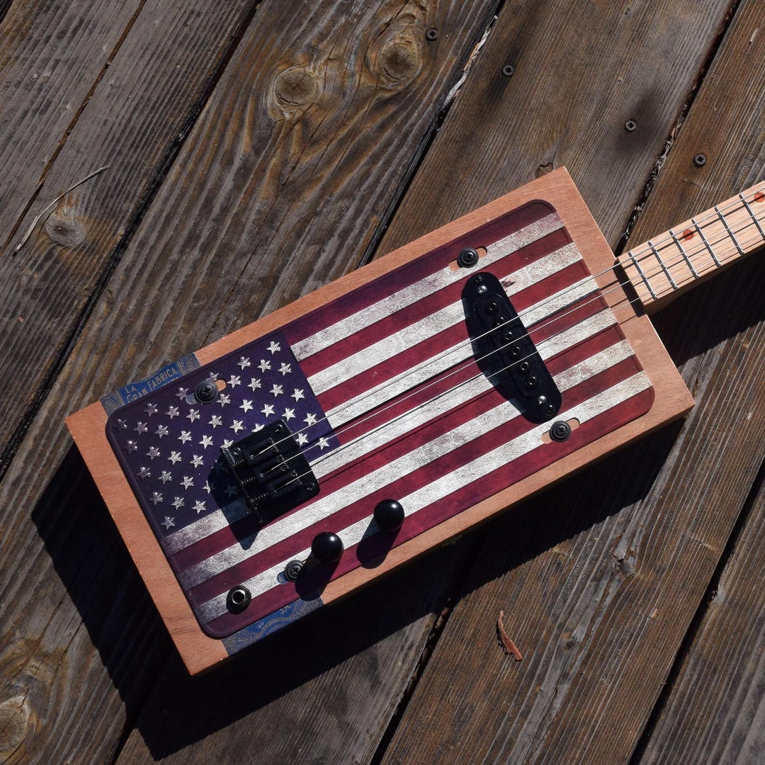 Cigar Box Guitar, 3 String Electric Cbg, American Flag Metal License ...