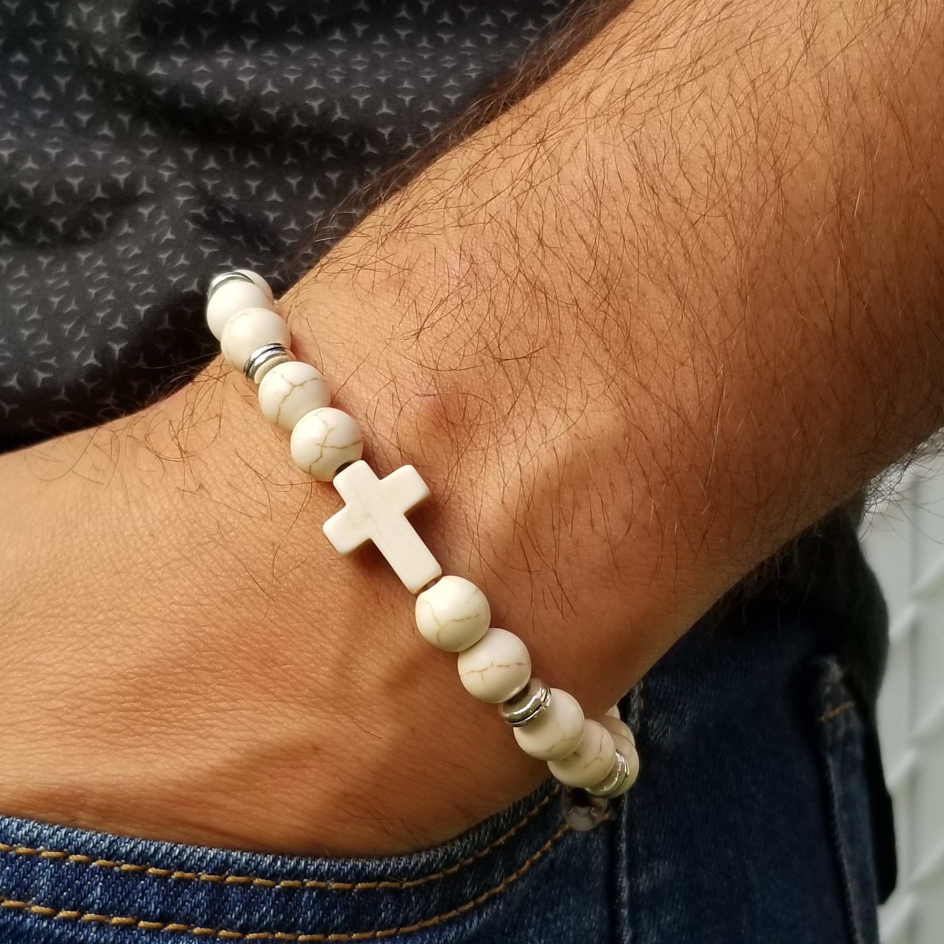 Man Beaded Cross Bracelet Men Cross Bracelet White Onyx - Etsy