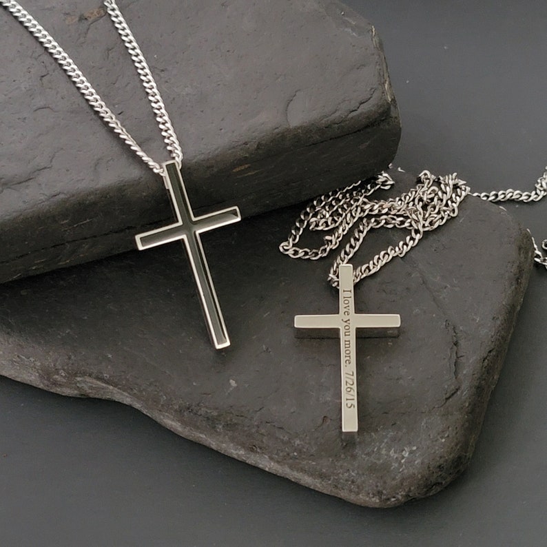 Silver Engraved Cross Necklace, Personalized Men Gift - Etsy