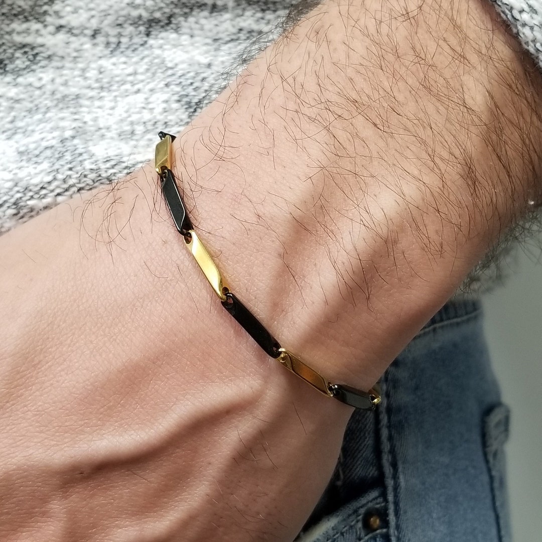 Black-gold Titanium Men Bracelet, Link Chain Steel Bracelet, Thin ...