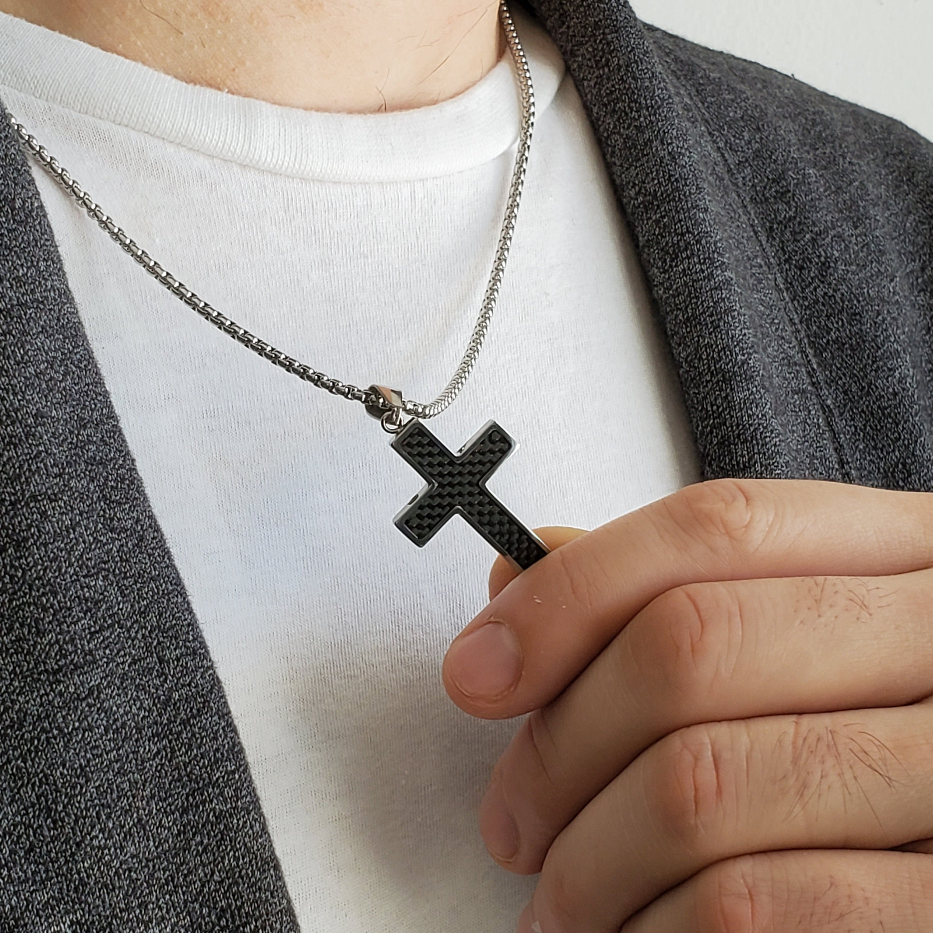 Men Cross Necklace, Stainless Steel Engraved Necklace, Black Cross Men ...