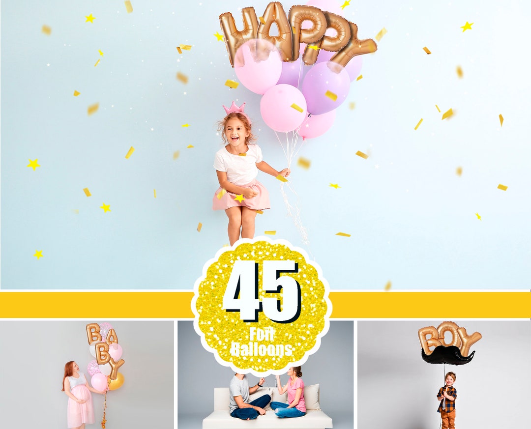 45 Gold Foil Balloons Overlays, Alphabet Number Balloons Overlay, Heart ...