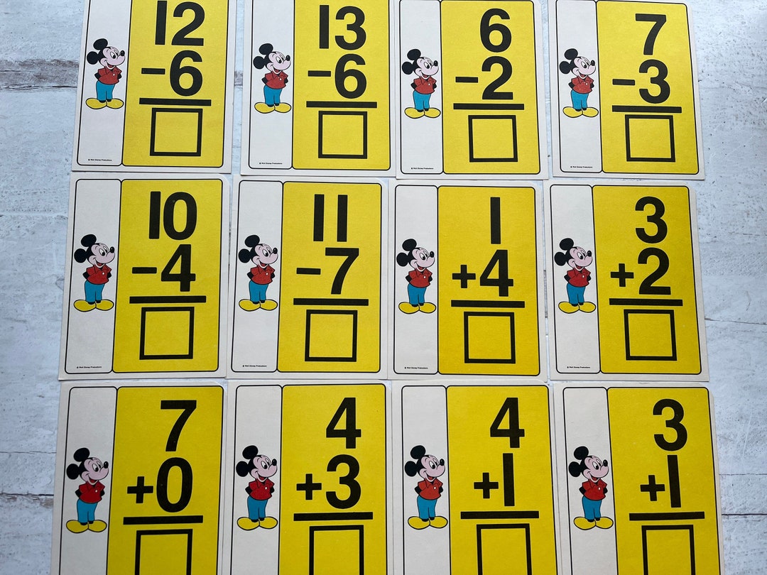 Set of 12 Vintage Disney Mickey Mouse Flash Cards 6 Subtraction and 6 ...