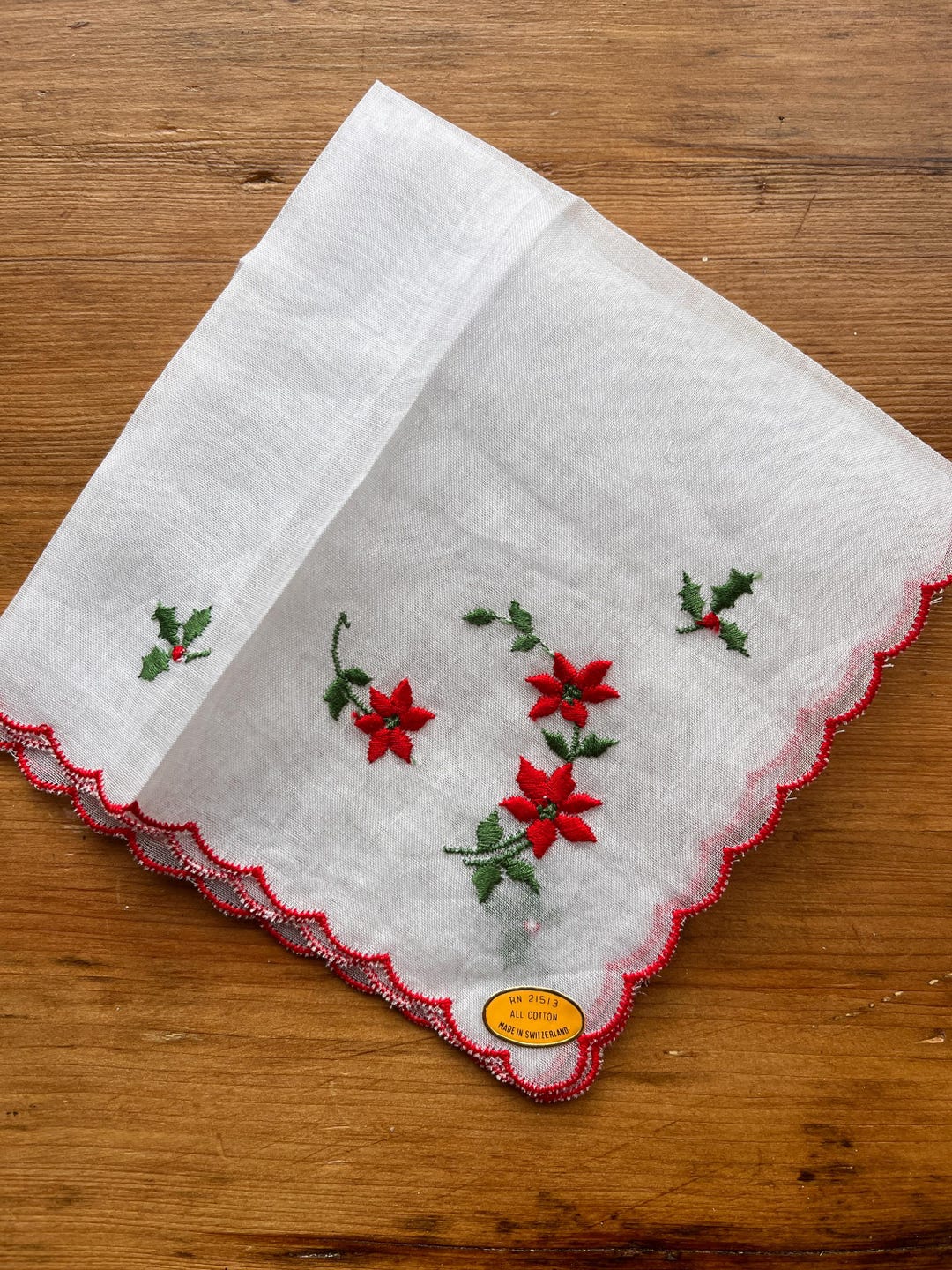 Vintage Christmas Handkerchief / Hankie Holly and Poinsettia ...