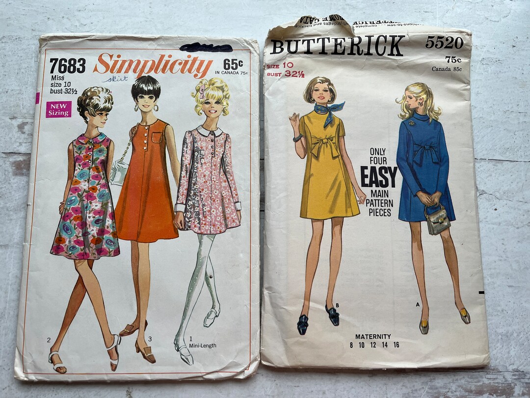 2 Vintage Paper Sewing Patterns Mod Style Mini Dress Used and Cut ...