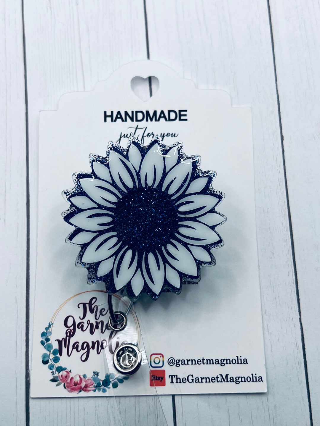 Navy Sunflower White Blue Badge Reel, Retractable ID Holder, LPN RN ...