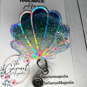 Beach Ombré Teal Shell Clam Ocean Badge Reel | Retractable ID Holder ...