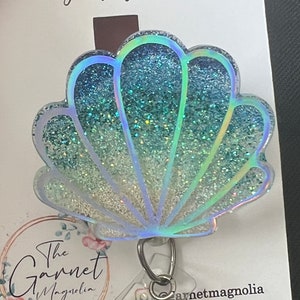 Beach Ombré Teal Shell Clam Ocean Badge Reel | Retractable ID Holder ...