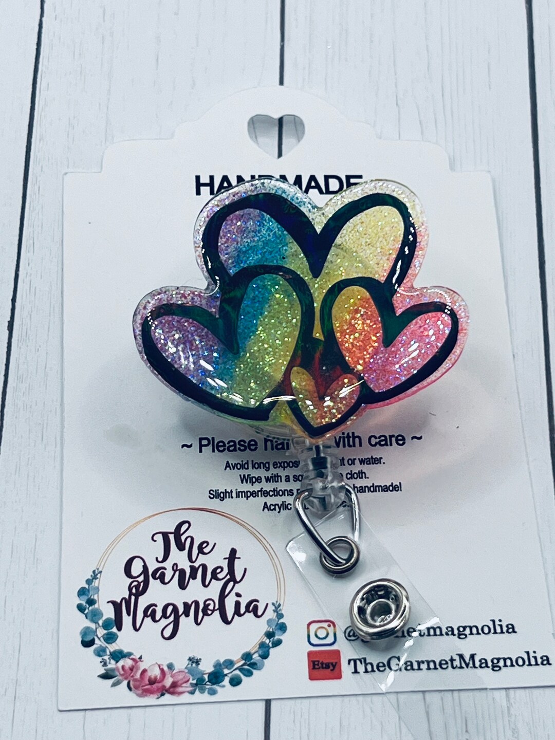 Rainbow Ombré Black Heart Doodle Badge Reel | Retractable ID Holder ...