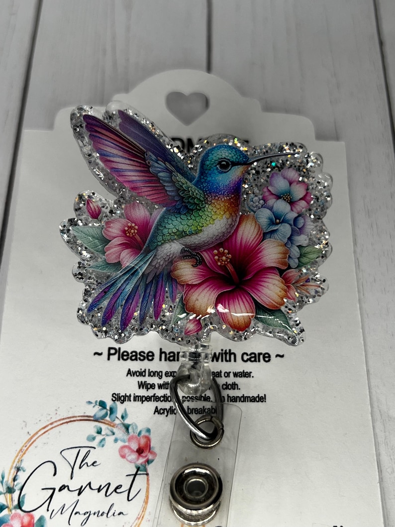 Hummingbird Hibscus Songbird Floral Animal Badge Reel | Retractable ID ...