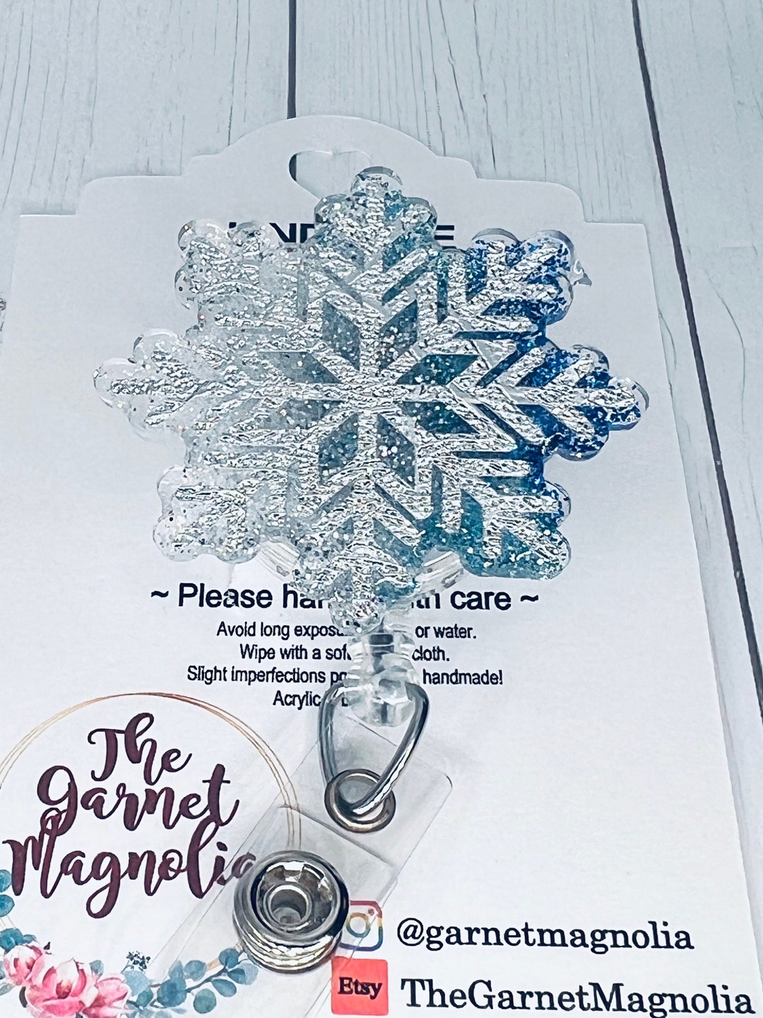 Snowflake Winter Snow Ombré Silver Blue White Badge Reel Retractable ID ...