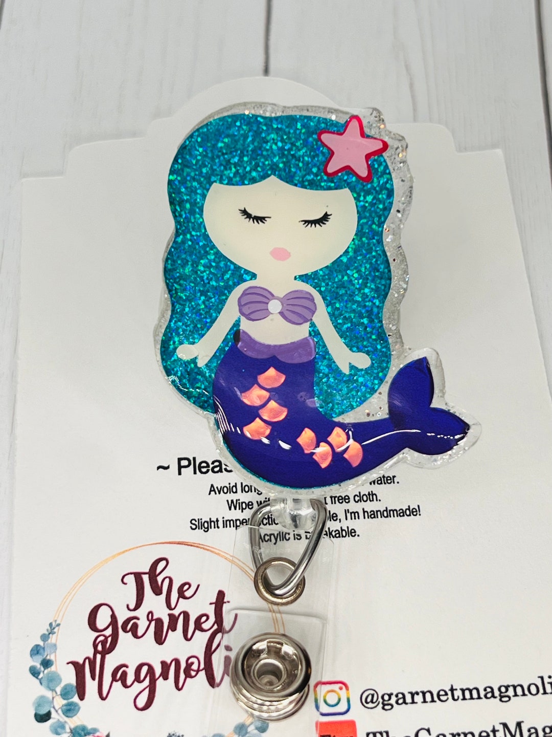 Mermaid Holographic Girl Beach Badge Purple Teal Badge Retractable ID ...