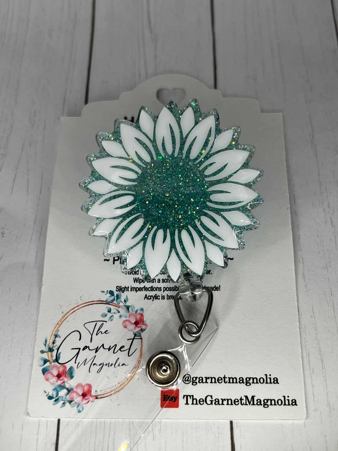 Teal Turquoise Sunflower Floral Sparkle Glitter Badge Reel ...