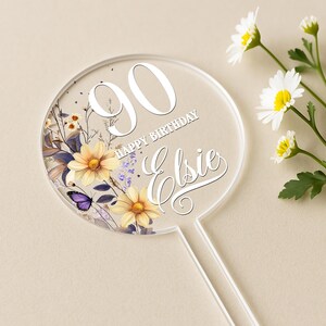 90th Birthday Floral Cake Topper, Personalised Clear Acrylic Round With ...