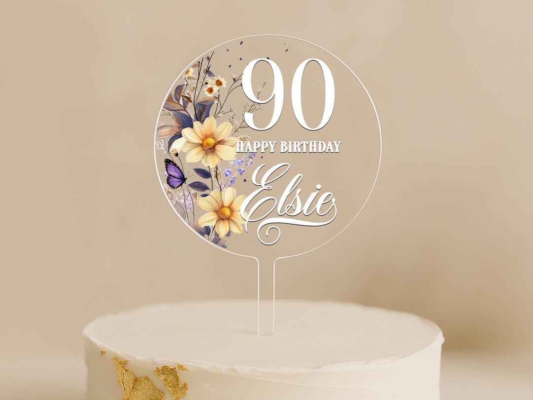 90th Birthday Floral Cake Topper, Personalised Clear Acrylic Round With ...
