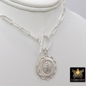 Silver Virgin Mary Coin Necklace, 925 Sterling Silver Medal Toggle Wrap ...
