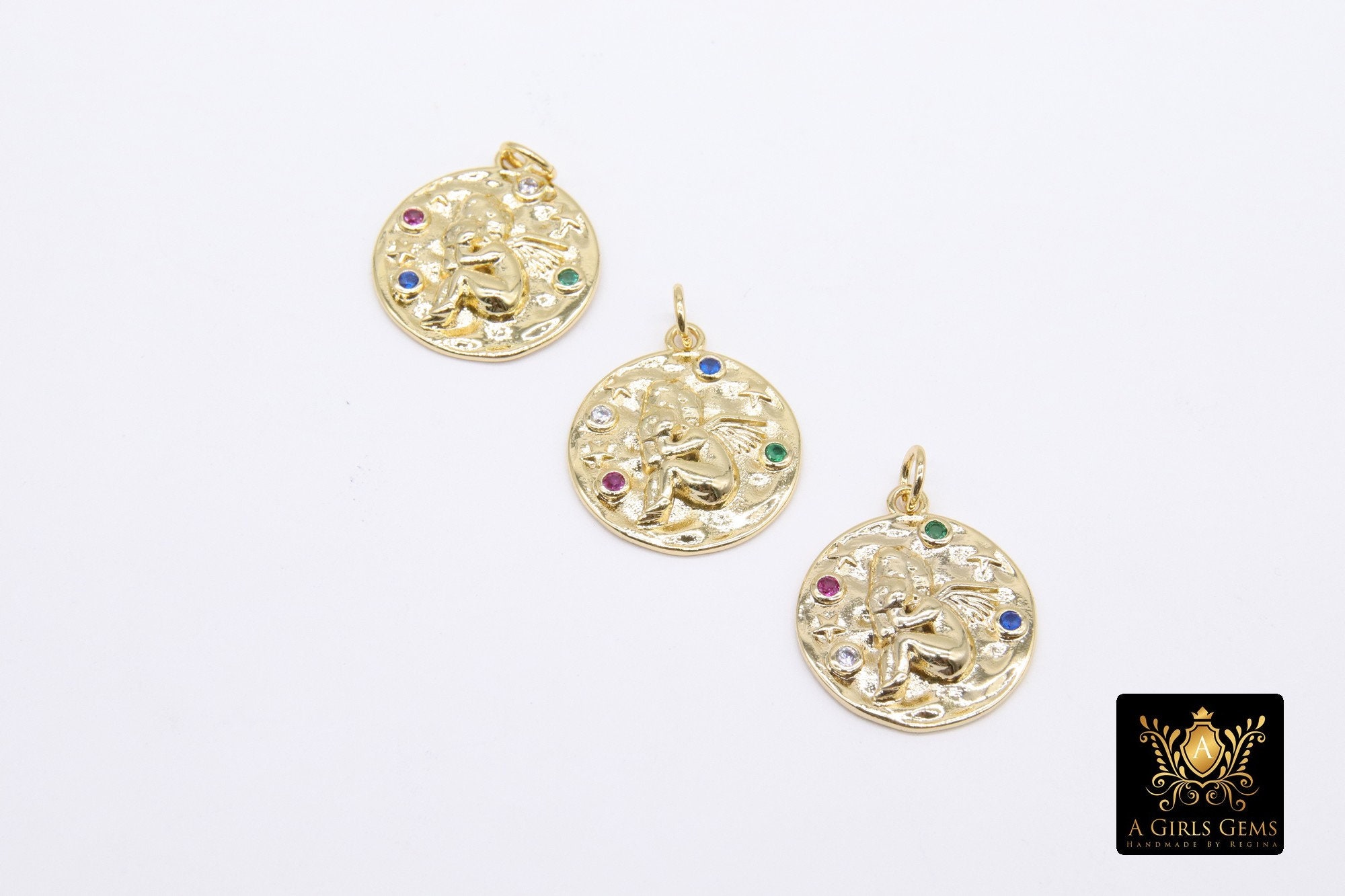 Gold Coin Charm, 4 Styles CZ Pave Round Disc Charms #2655, Athena Owl ...