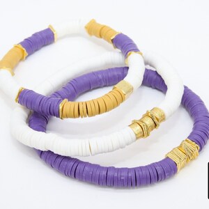 LSU Heishi Beaded Bracelet, 6 Mm Purple White Gold Stretchy Bracelet ...