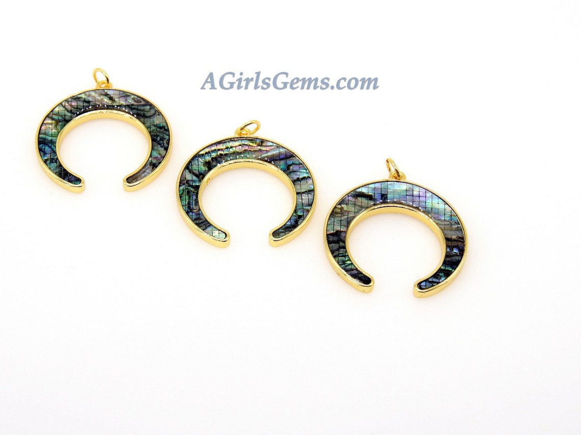 Double Horn Pendant Gold Abalone Shell Moon Blue Shell Charm - Etsy
