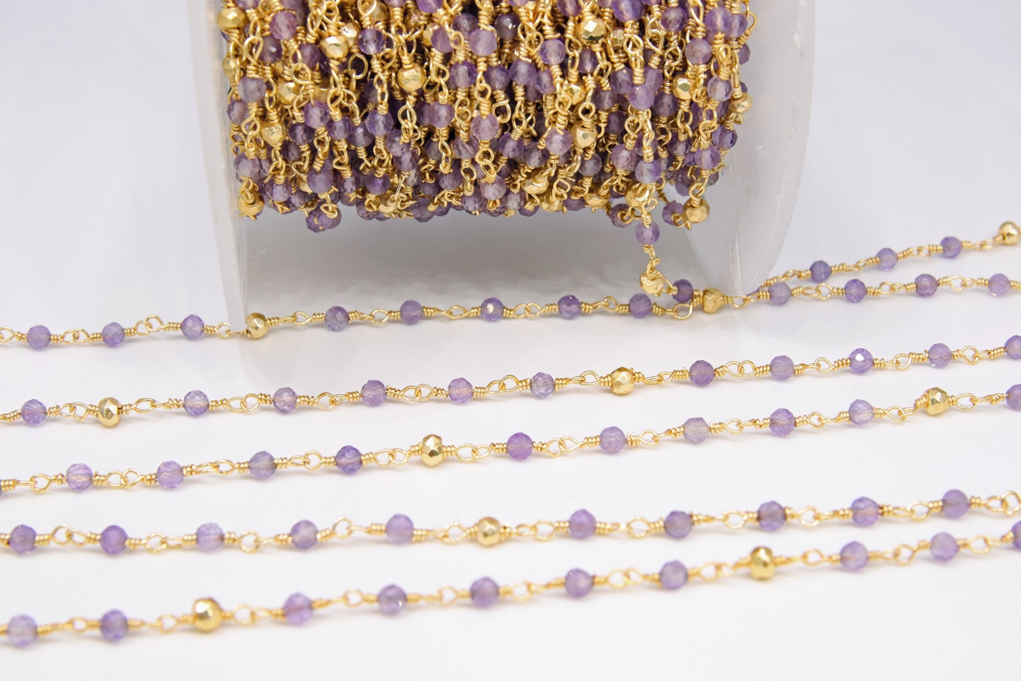 22k Gold Plated Amethyst Rosary Chain, Pyrite 4 Mm Chains for Jewelry ...