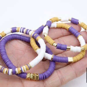 LSU Heishi Beaded Bracelet, 6 Mm Purple White Gold Stretchy Bracelet ...