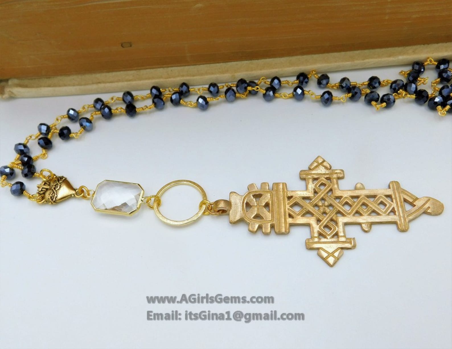 Brass Gold Coptic Cross Necklace, Long Black Beaded Chain Fashion ...