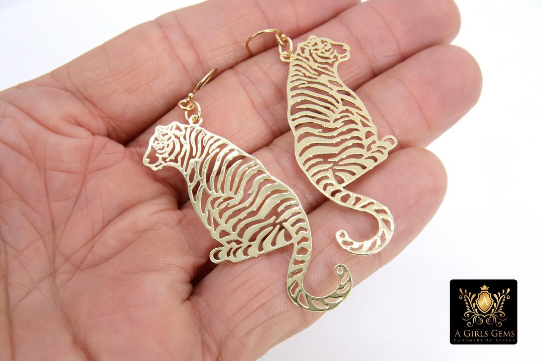 Gold Tiger Head Earrings, 14 K Gold Filled Hook Ear Wires AG #93 ...