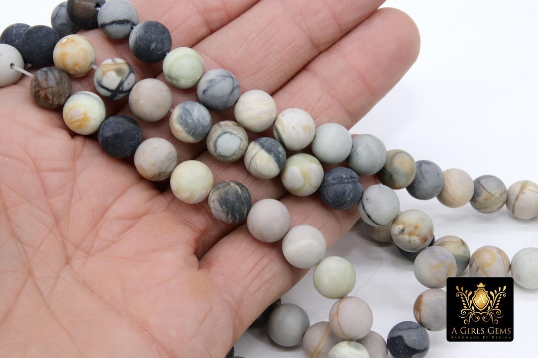Frosted Picasso Map Stone Beads, Round White and Gray Beads BS 205 ...