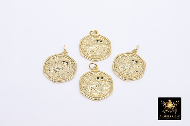 Gold Coin Charm, 4 Styles CZ Pave Round Disc Charms #2655, Athena Owl ...