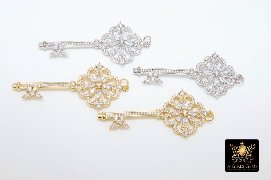 CZ Pave Key Pendant Cubic Zirconia Skeleton Key Bead Charm - Etsy