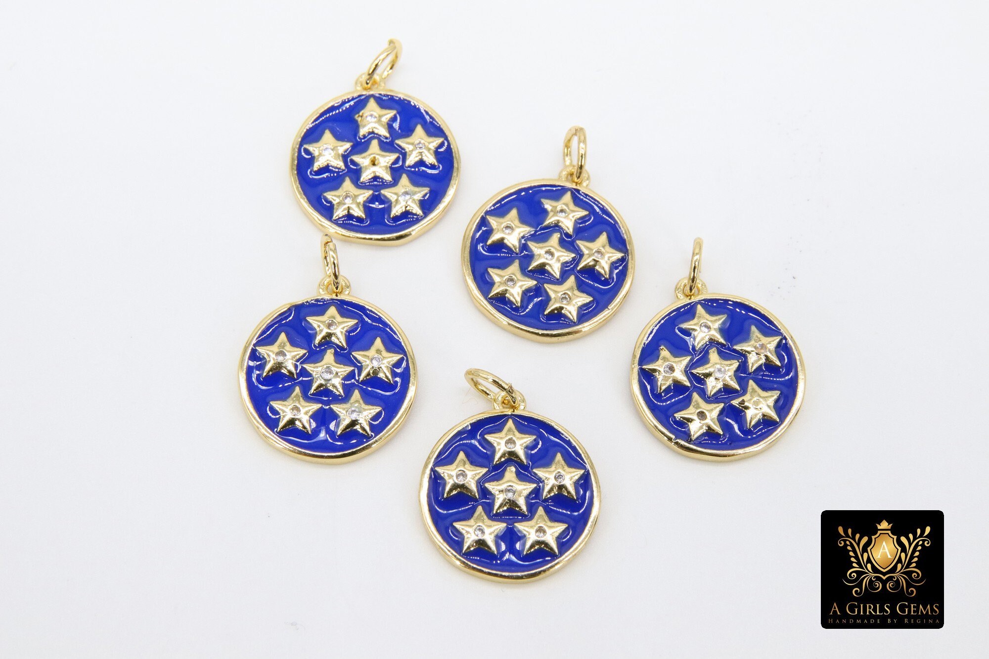 Blue Stars Charms Gold and Royal Blue CZ Pave Round Stars | Etsy