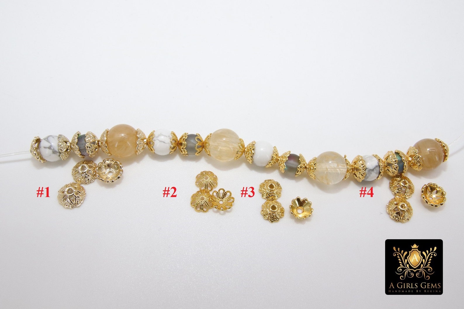Gold Bead Caps, Bead End Caps, 7 Different 8 Mm Styles, Round Cone ...